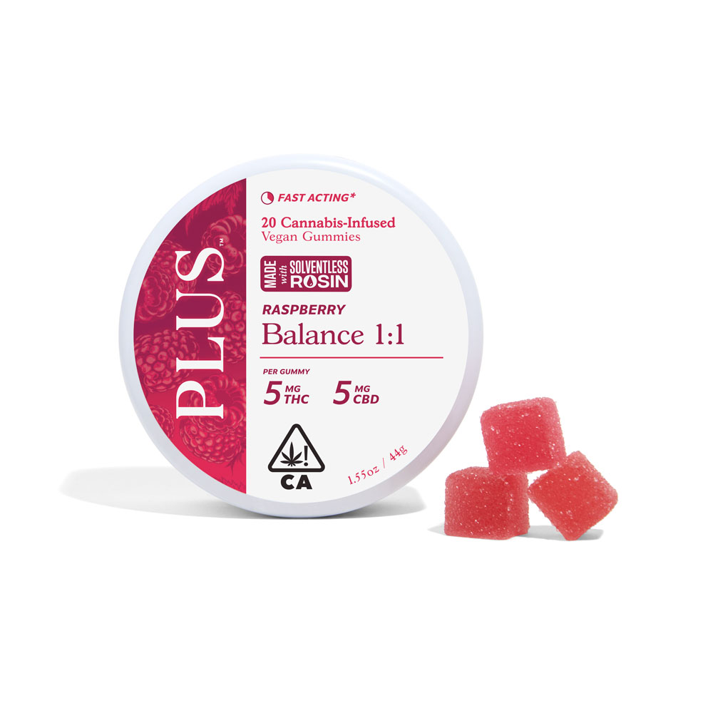 PLUS - RASPBERRY BALANCE 1:1 THC/CBD SOLVENTLESS GUMMIES