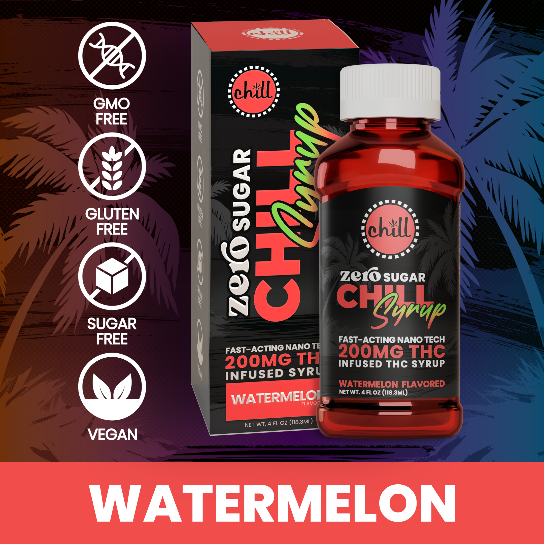 CHILL MEDICATED - Chill-THC Infused Syrup-Zero Sugar-Watermelon - 200 mg