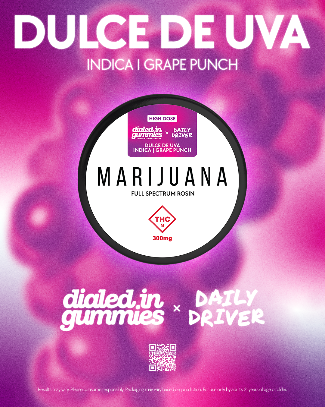 DIALED IN GUMMIES - Dialed In | High Dose Dulce De Uva Grape Punch Indica Rosin Gummies | 300mg